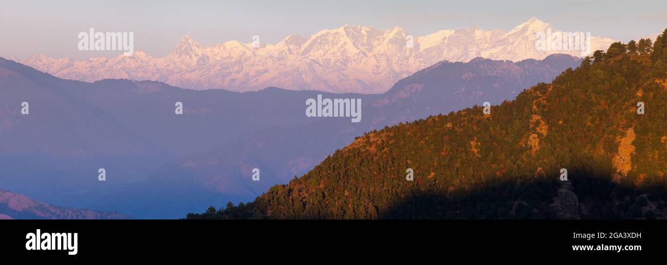 Evening panoramic view of Indian Himalayas, great Himalayan range, Uttarakhand India, view from ...