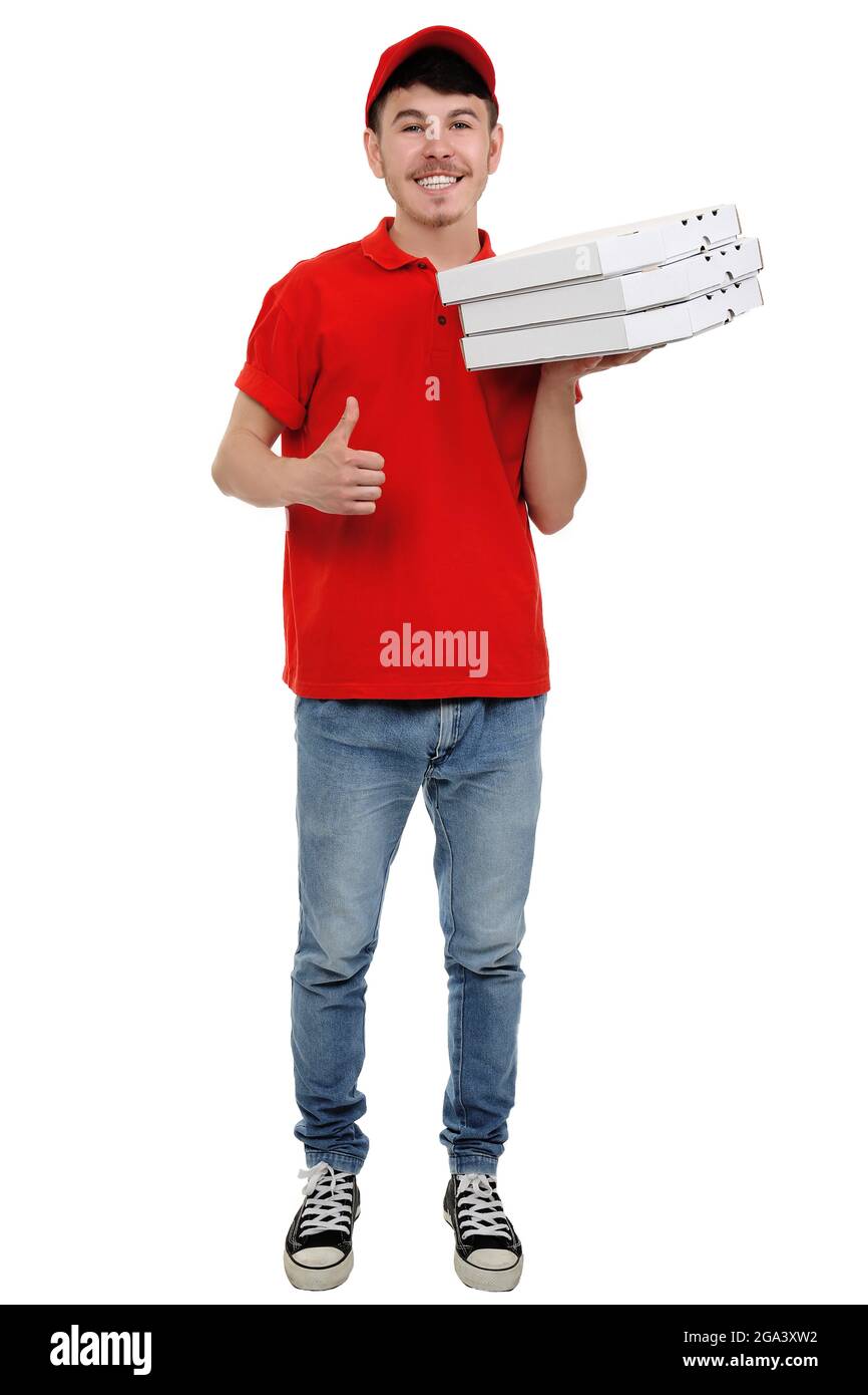 Delivery boy with cardboard pizza box isolated on white Stock Photo - Alamy
