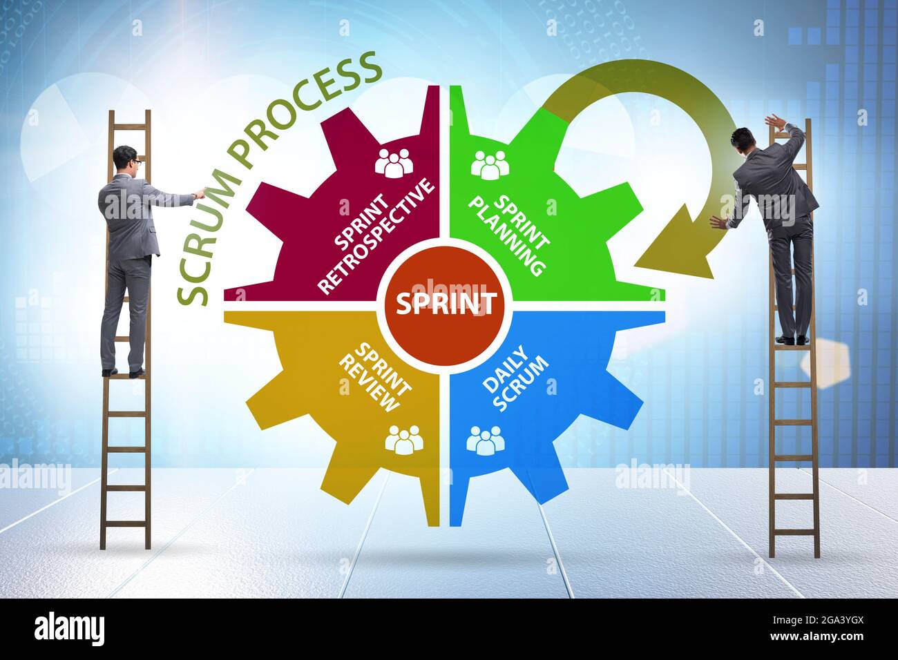 Scrum process illustration with the businessman Stock Photo - Alamy