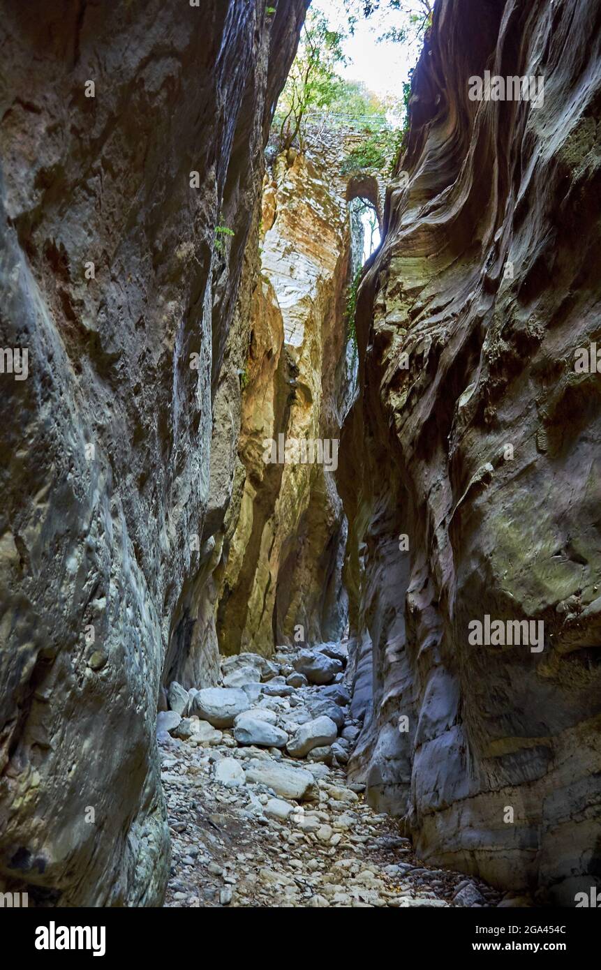 Natural scenery from the famous Ridomo gorge in Taygetus Mountain. The ...
