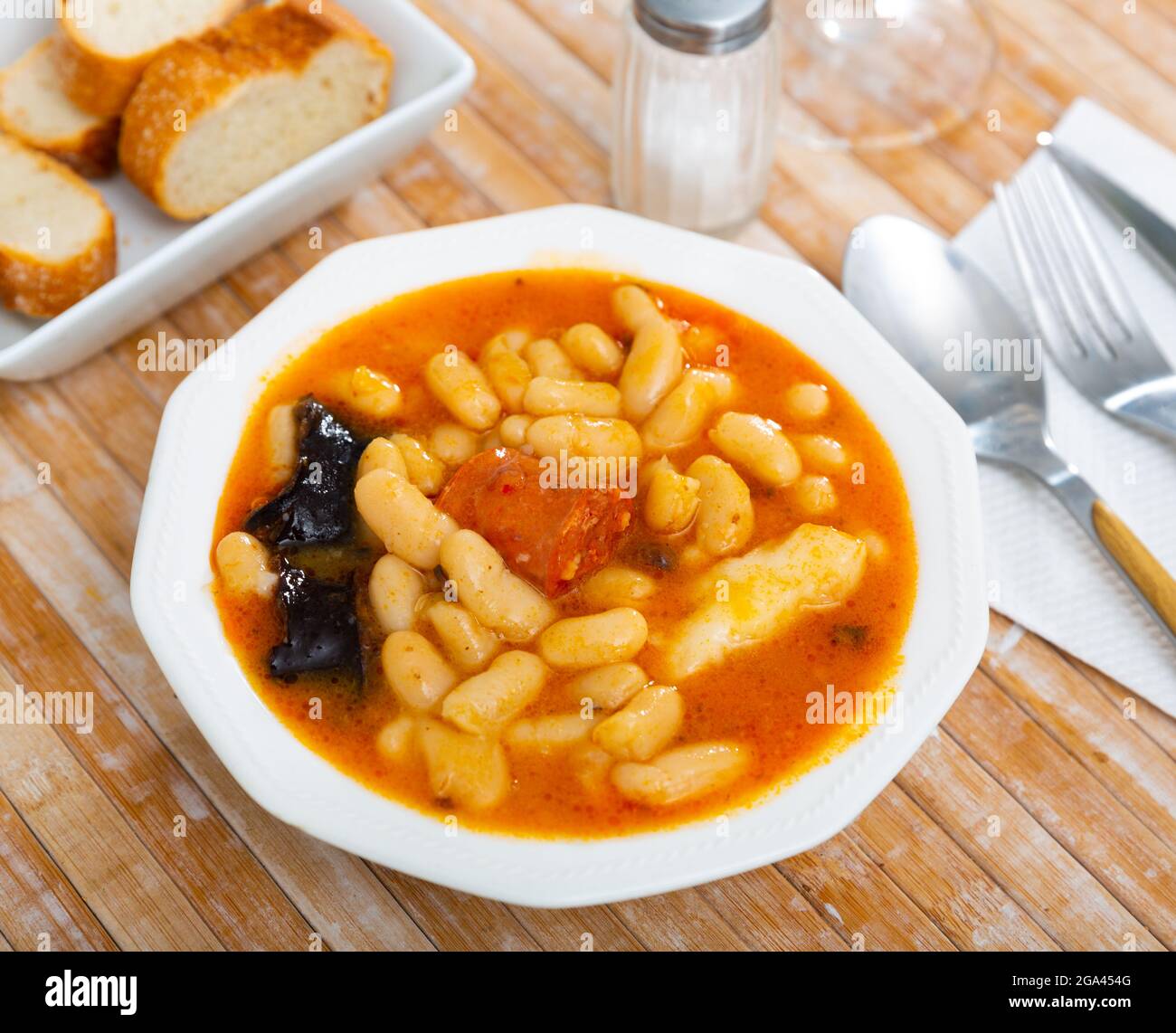 Asturian beans stew Fabada with pork, morcilla and chorizo Stock Photo ...