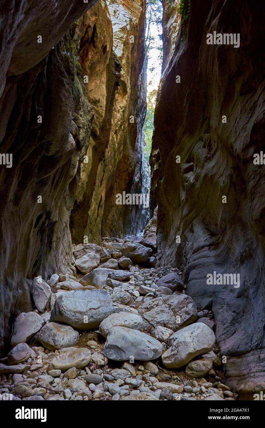 Natural scenery from the famous Ridomo gorge in Taygetus Mountain. The ...