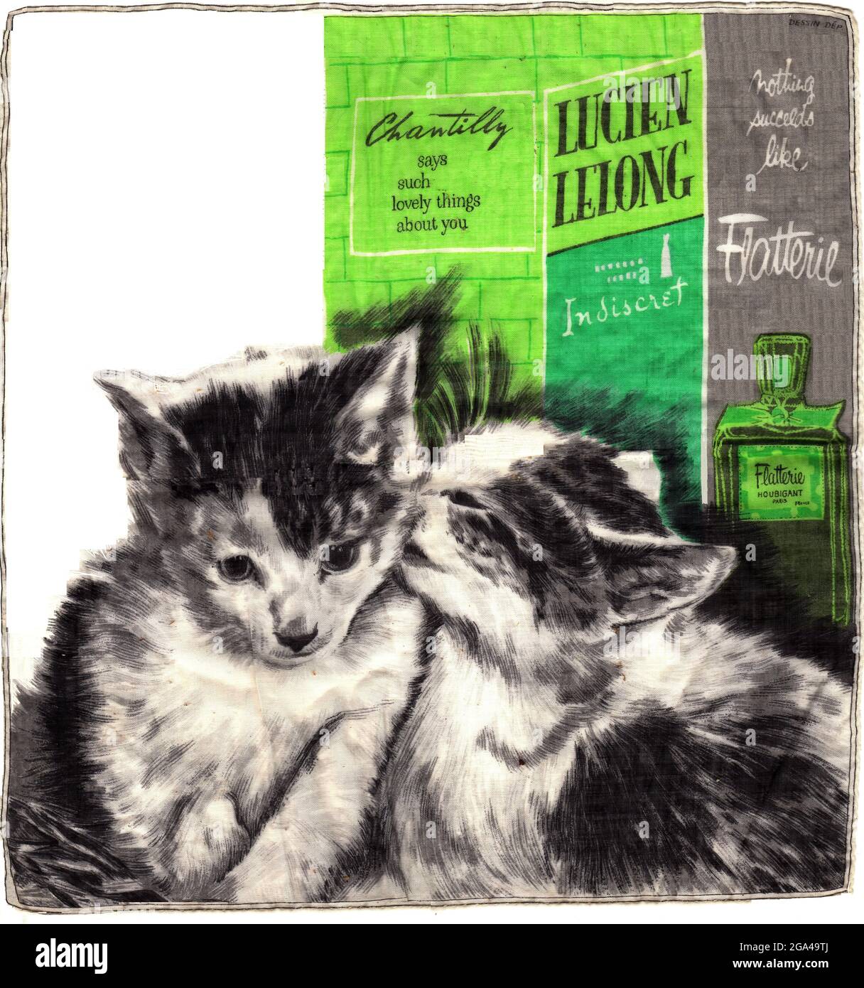 Cloth Cat Advertising Silk handkerchief ca. 1920s for French perfumes ...
