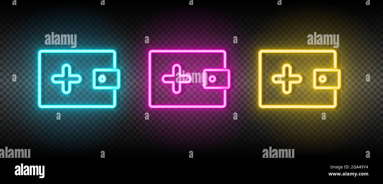 add, money, wallet neon vector icon. Illustration neon blue, yellow ...