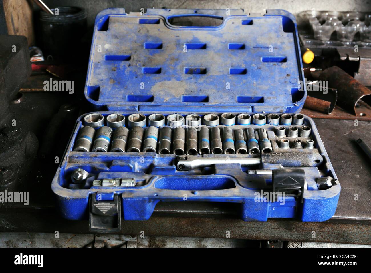 Set of tools in box on table close up Stock Photo - Alamy