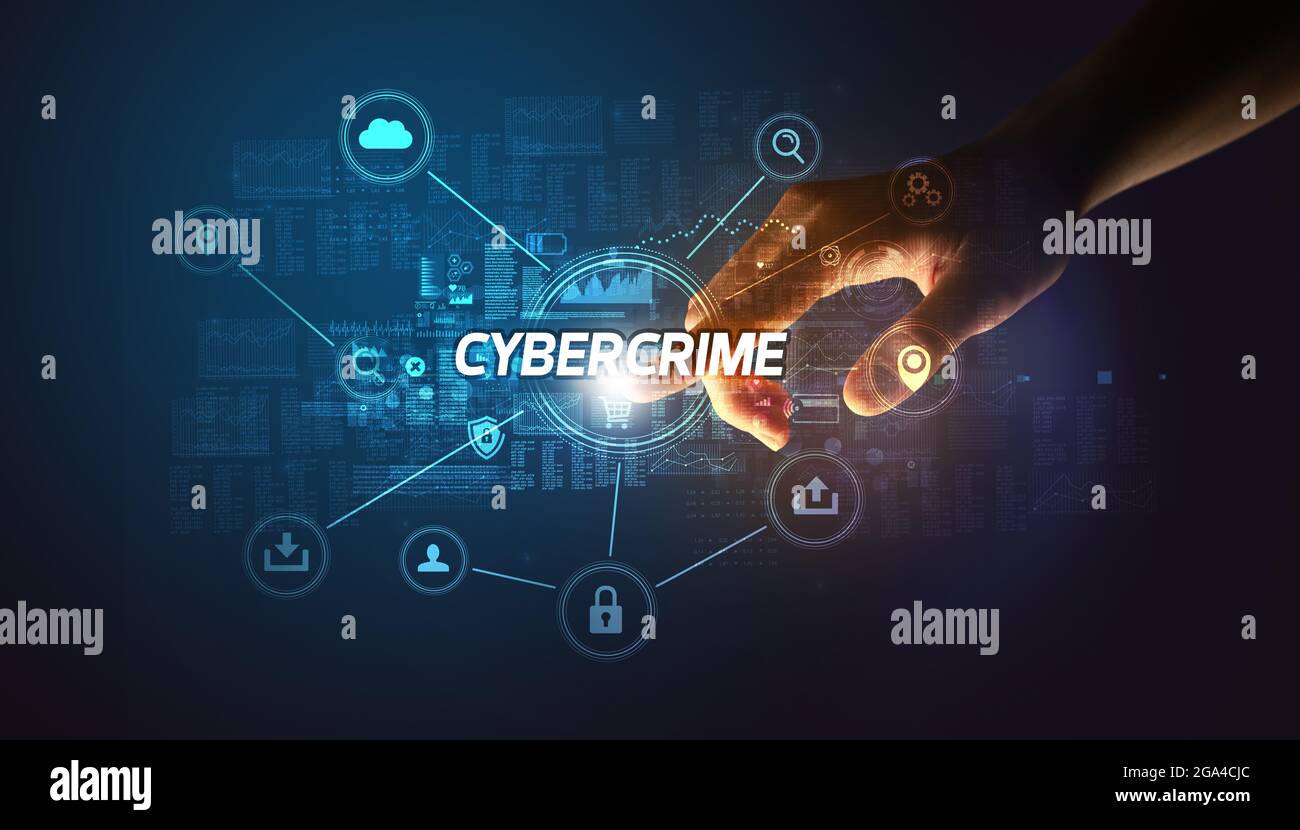 Hand touching cybersecurity button Stock Photo - Alamy