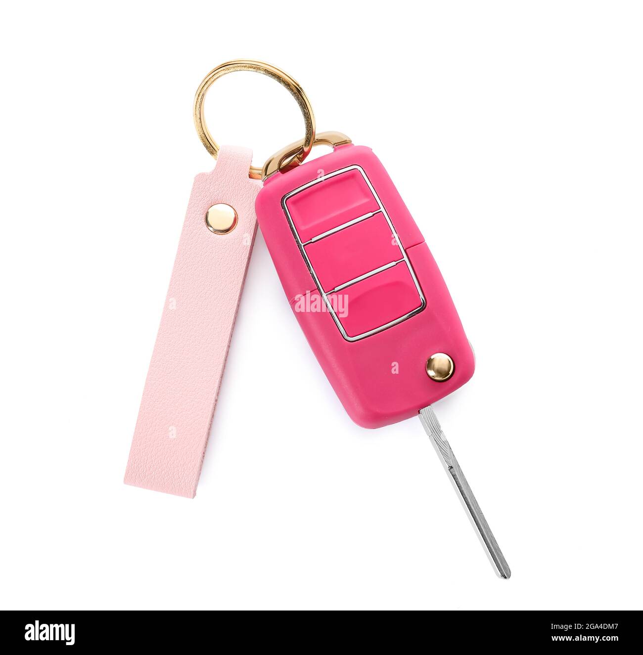 Car key with leather keychain on white background Stock Photo - Alamy