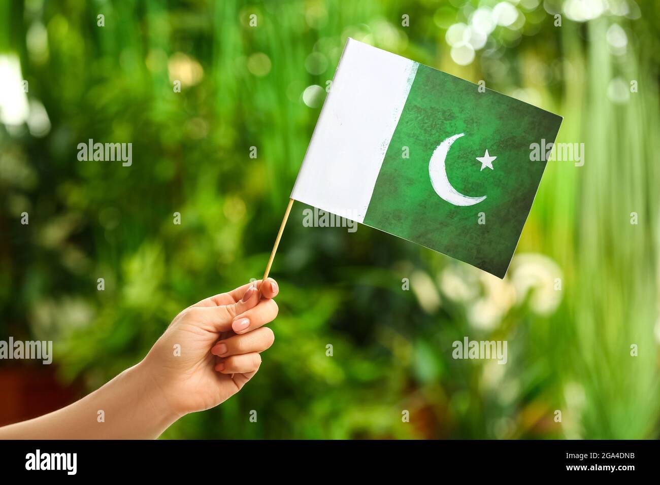 Female hand with Pakistan flag on blurred background, closeup Stock ...
