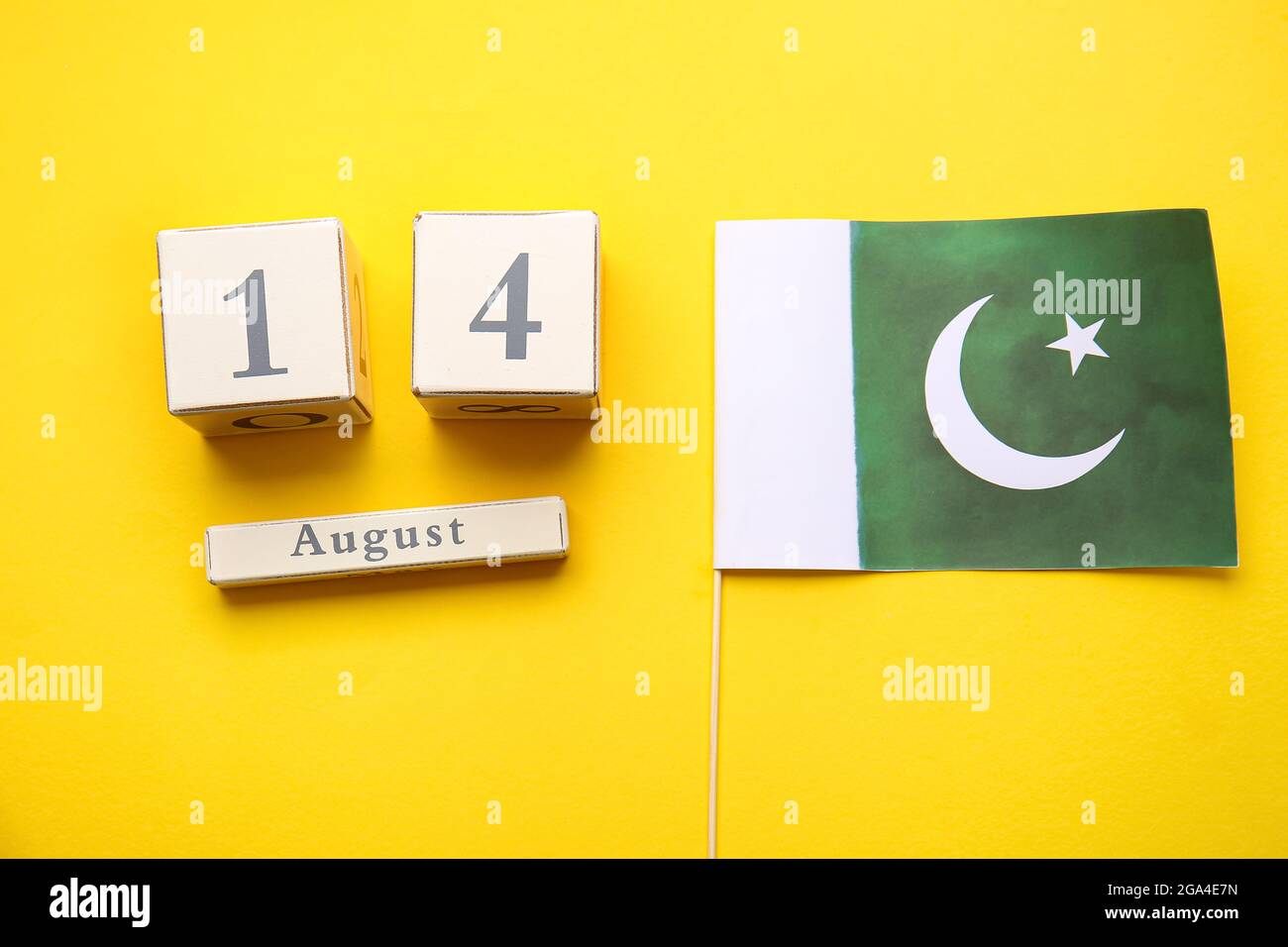 Flag of Pakistan and calendar with date of Independence Day on color ...