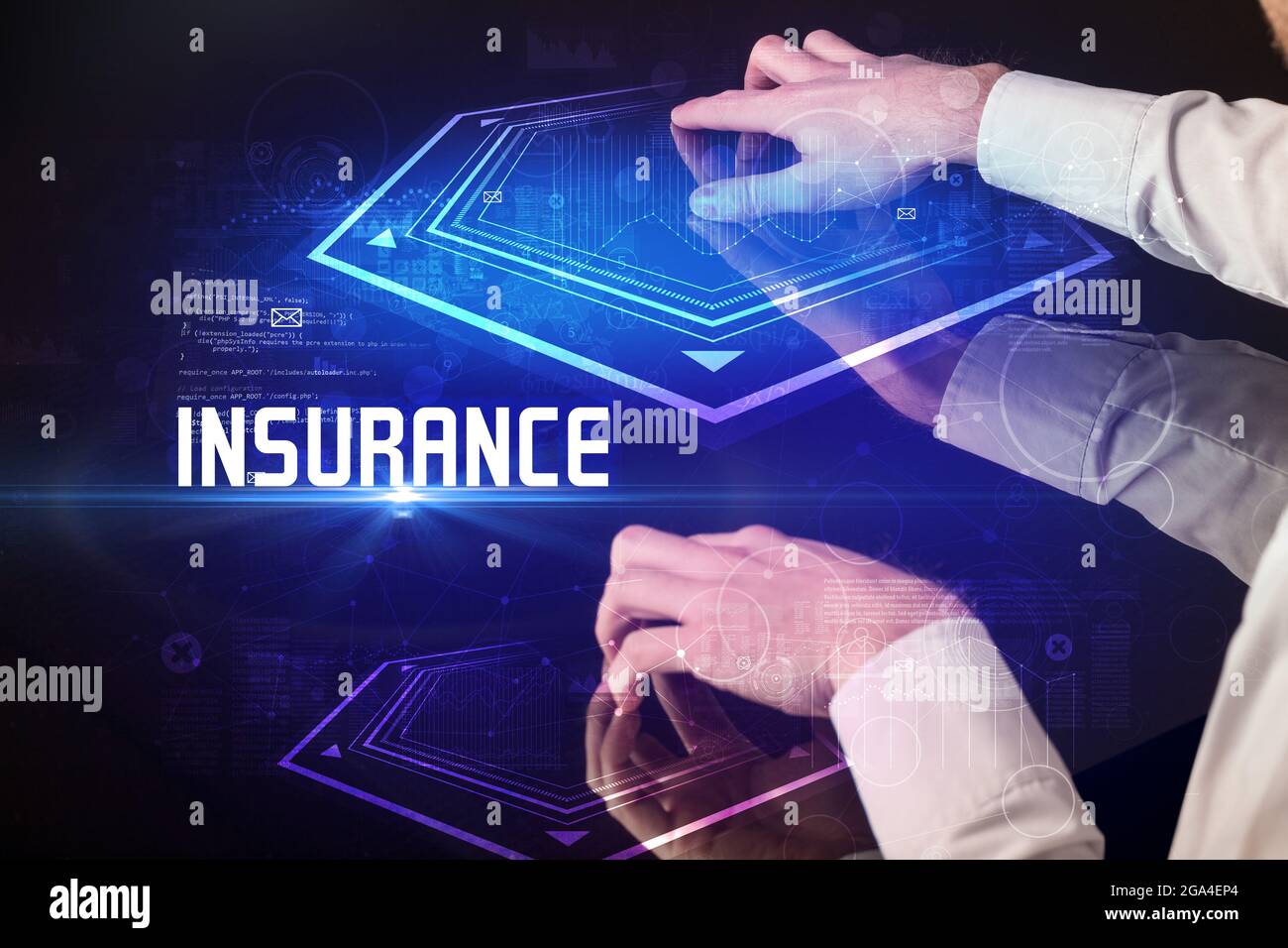 Hand touching digital table Stock Photo - Alamy