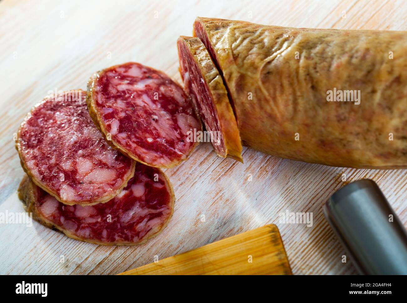 Spanish dry cured pork sausage Salchichon Stock Photo - Alamy