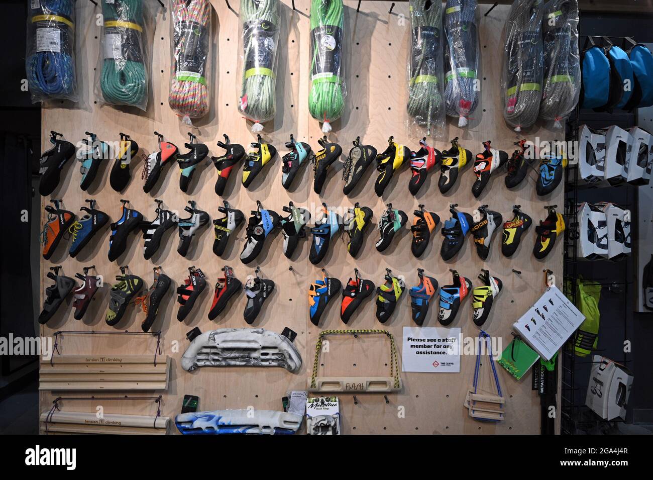 Climbing shoes and ropes for sale at the retail shop located inside the ...