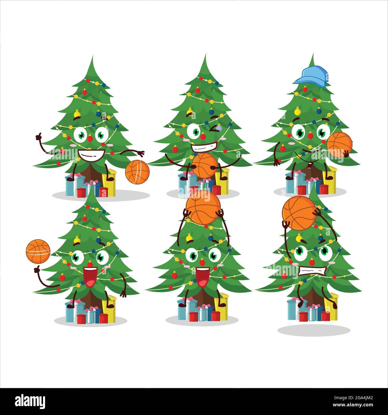 Talented christmas tree with giftbox cartoon character as a basketball ...