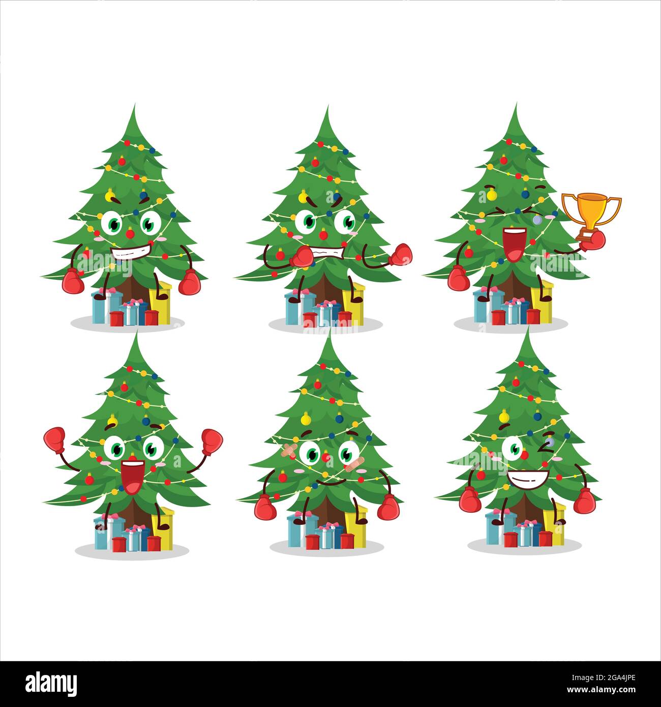 A sporty christmas tree with giftbox boxing athlete cartoon mascot ...