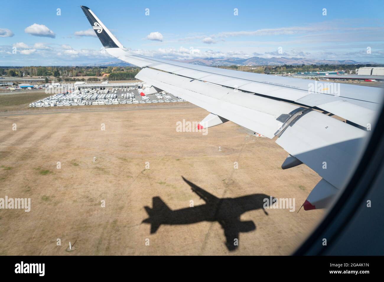 Aerial view of an aeroplane wing with Air New Zealand logo. Aeroplane ...