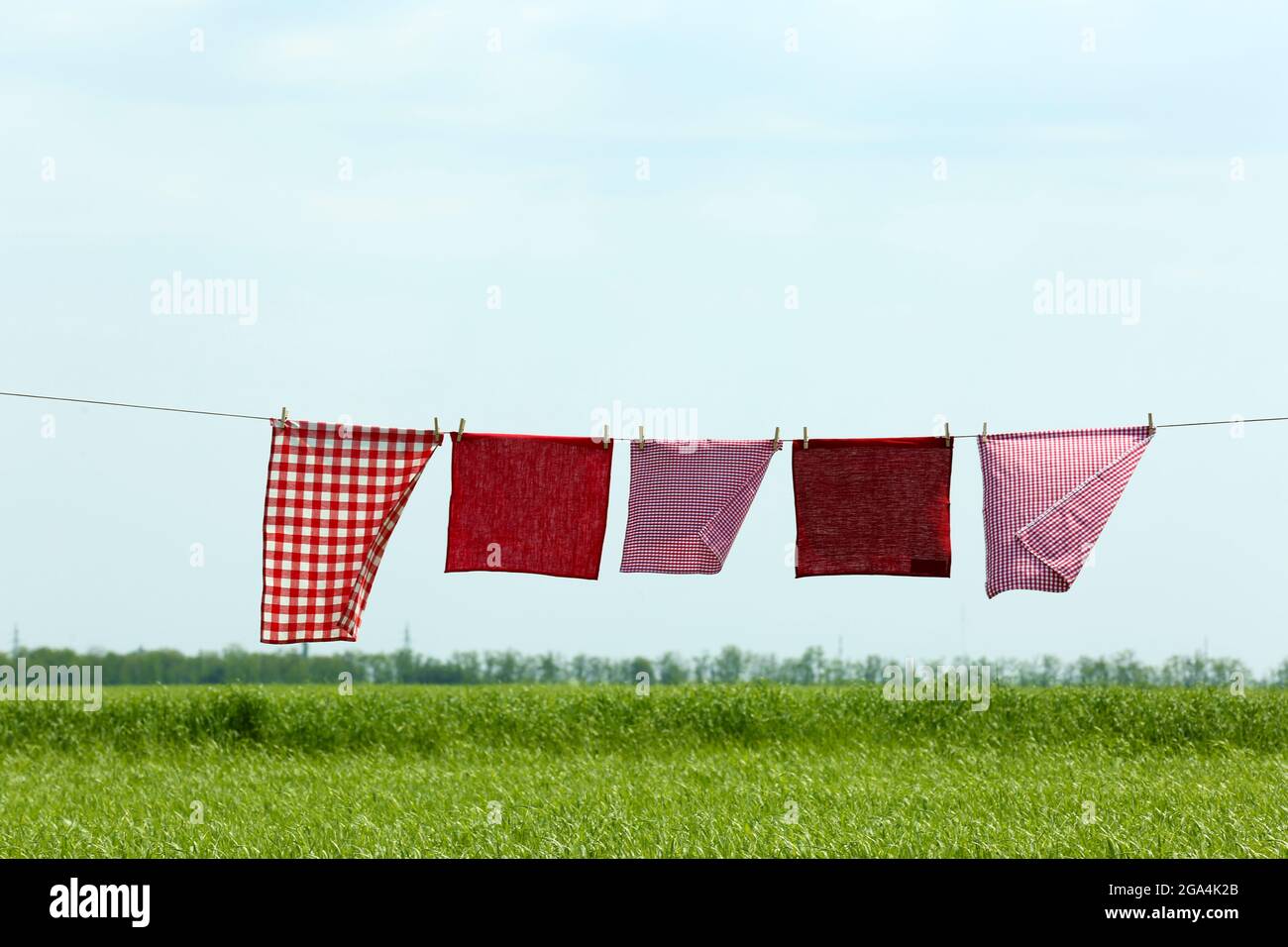Laundry line with clothes in field Stock Photo - Alamy