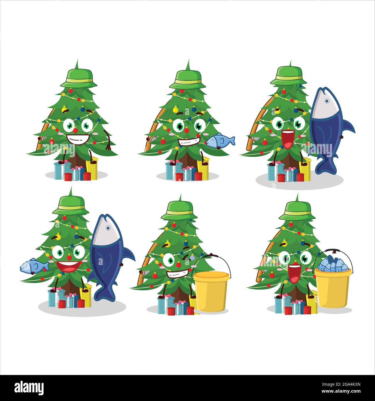 A fisherman christmas tree with giftbox cartoon picture catch a big ...