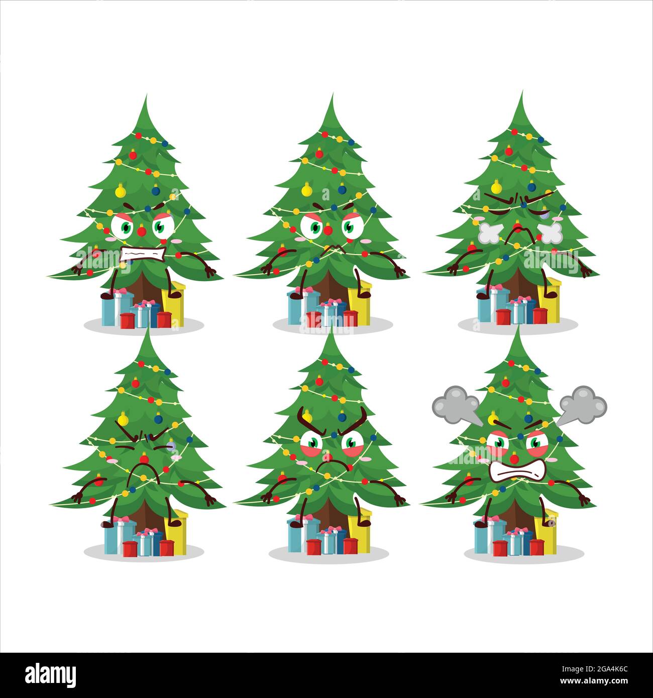Christmas tree with giftbox cartoon character with various angry ...
