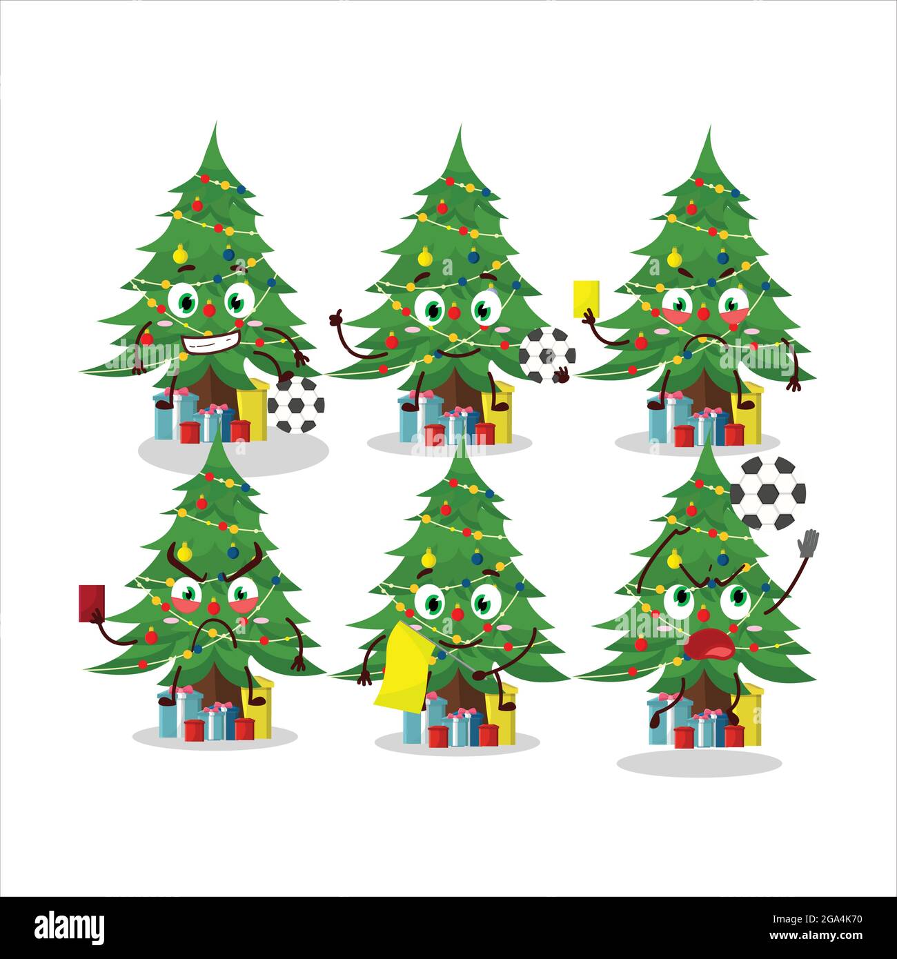 Christmas tree with giftbox cartoon character working as a Football ...