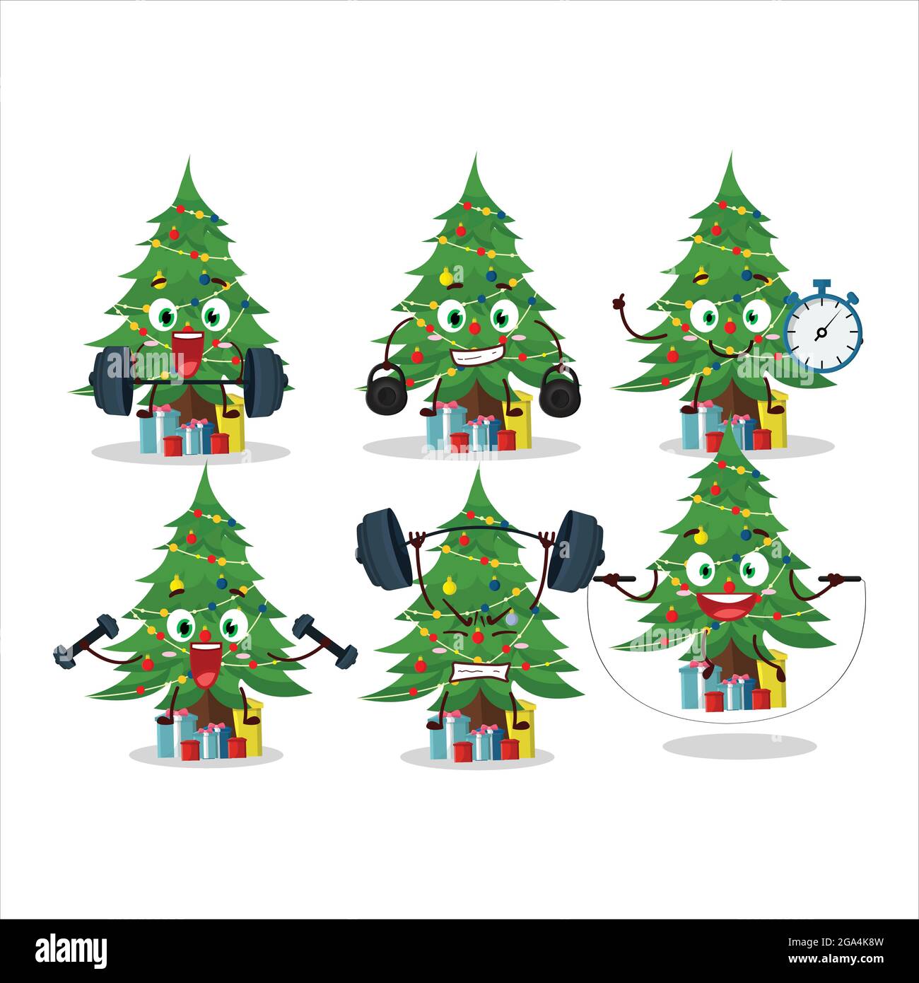 A healthy christmas tree with giftbox cartoon style trying some tools ...