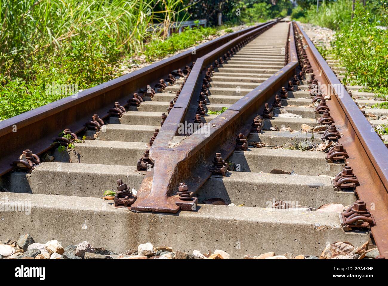Closeup of old rusty railway bifurcated rails and rivets in the wild ...
