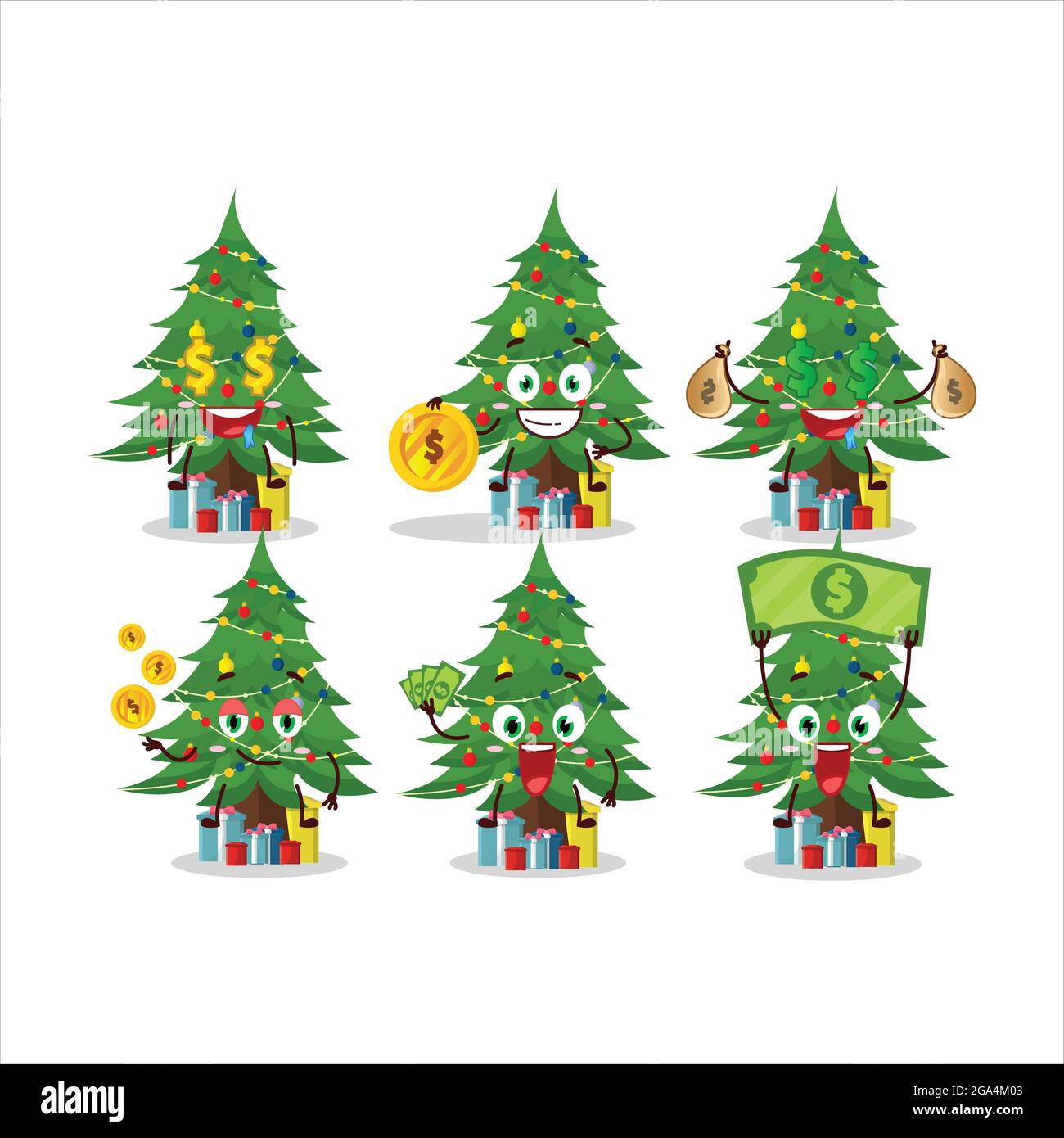 Christmas tree with giftbox cartoon character with cute emoticon bring ...