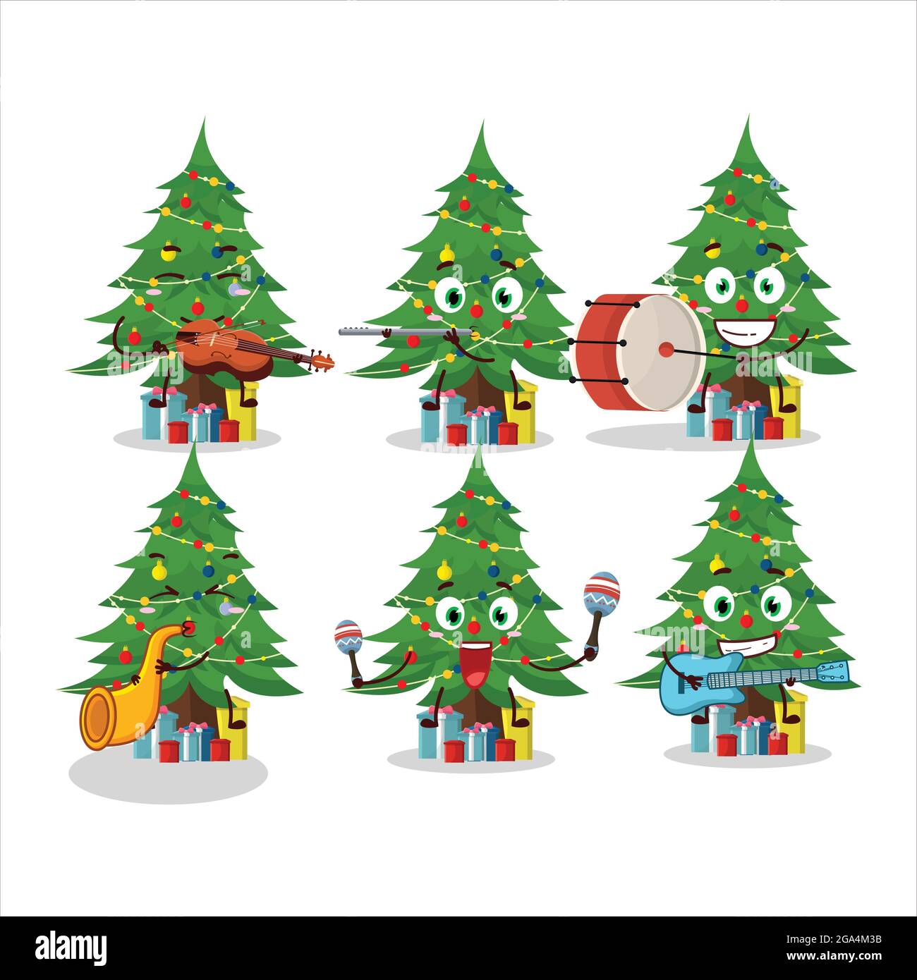 Cartoon character of christmas tree with giftbox playing some musical ...