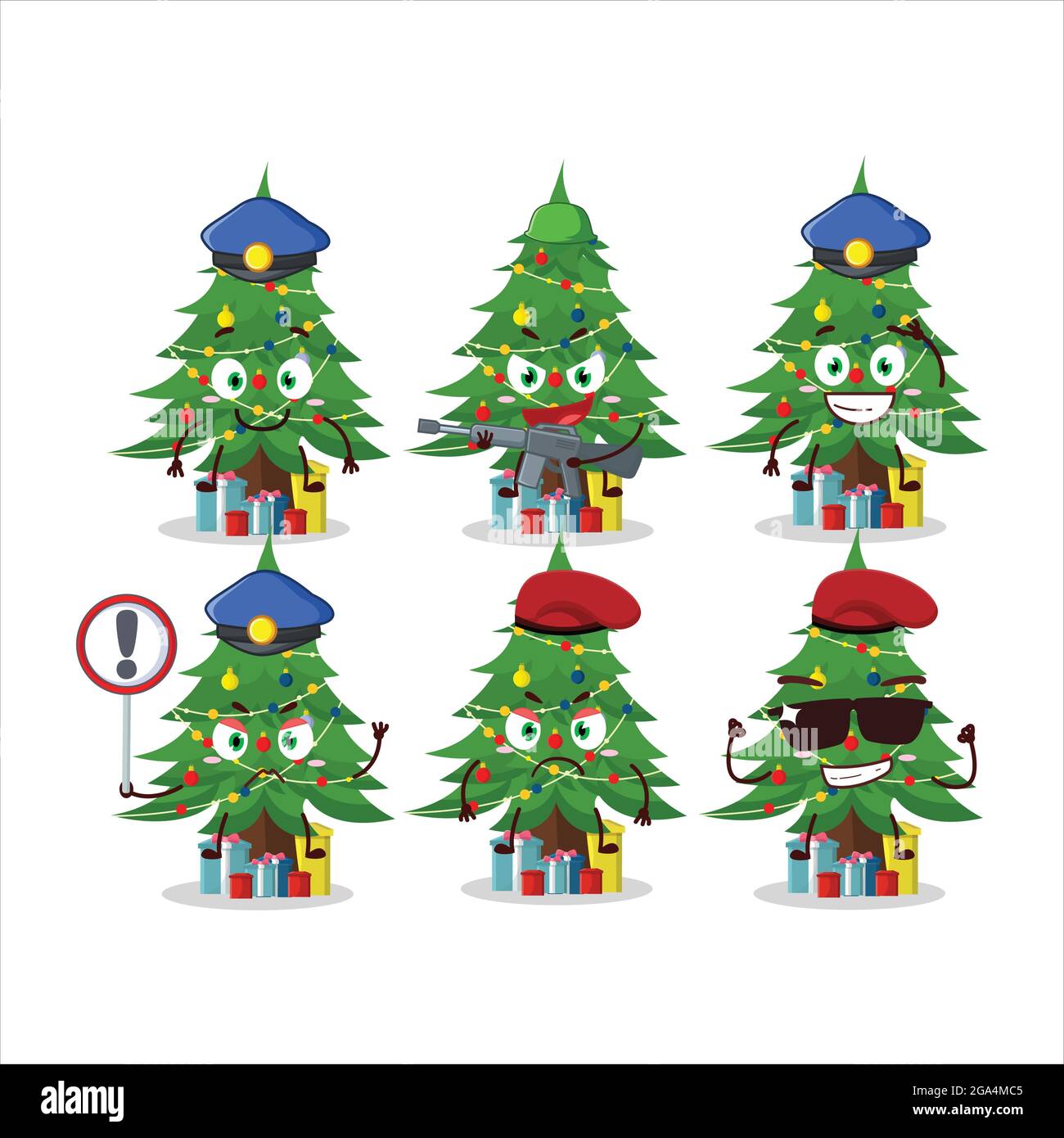 A dedicated Police officer of christmas tree with giftbox mascot design ...