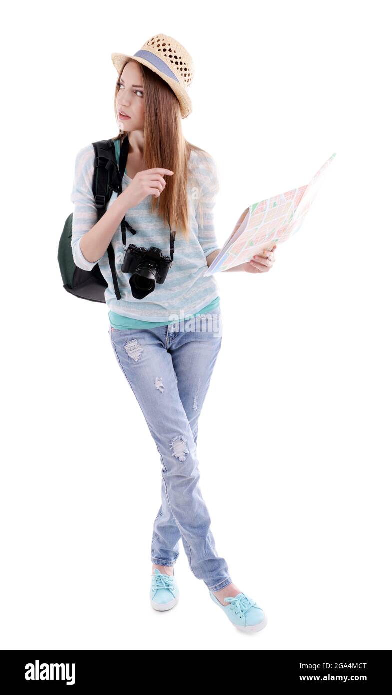 Traveler with map isolated on white Stock Photo - Alamy