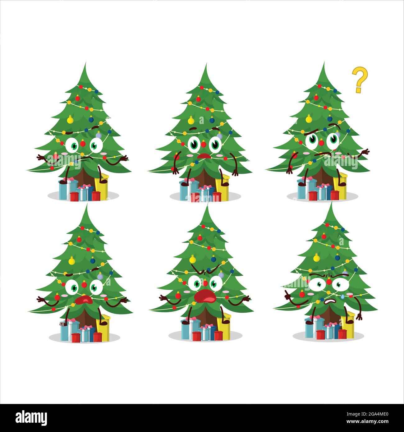 Cartoon character of christmas tree with giftbox with what expression ...