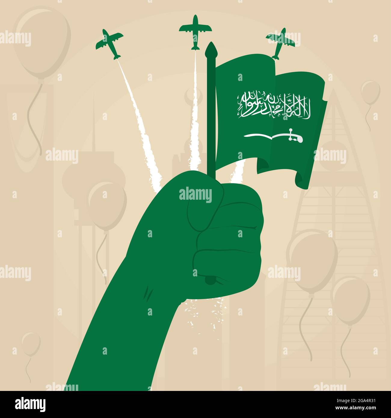 Saudi national day illustration with hand and airplanes Stock Vector ...