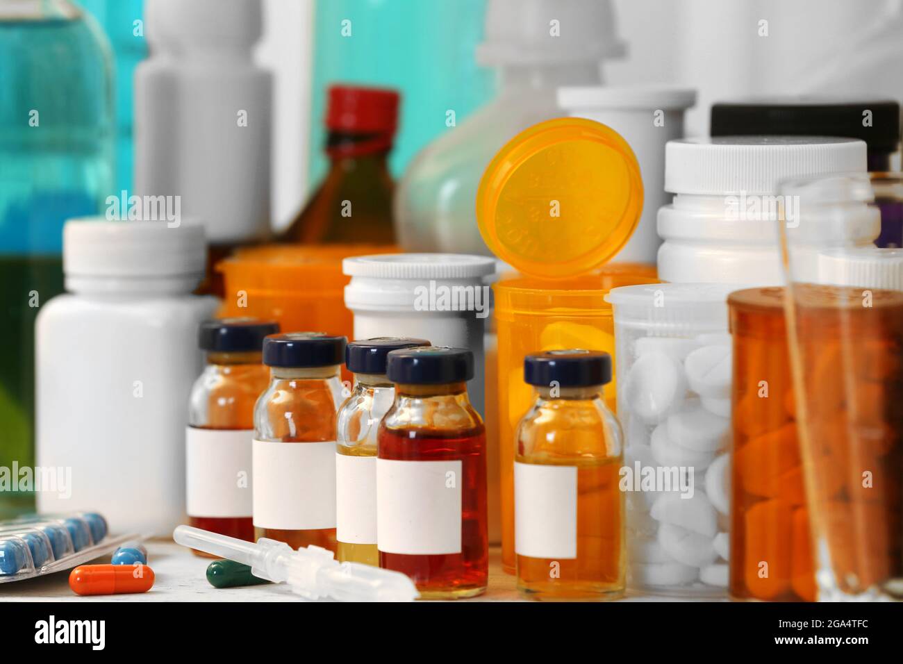 Table of drug laboratory close up Stock Photo - Alamy