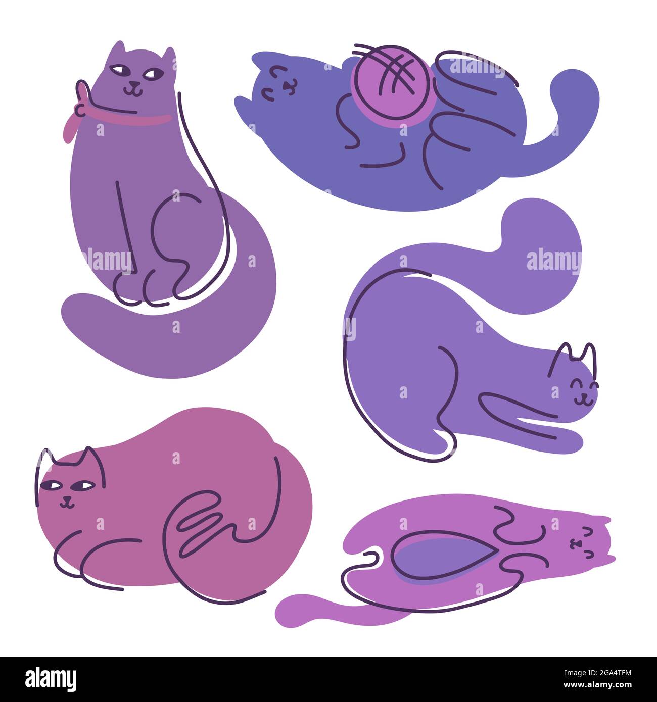 Set of abstract lazy cats with a contour drawing. Hand-drawn flat pets ...