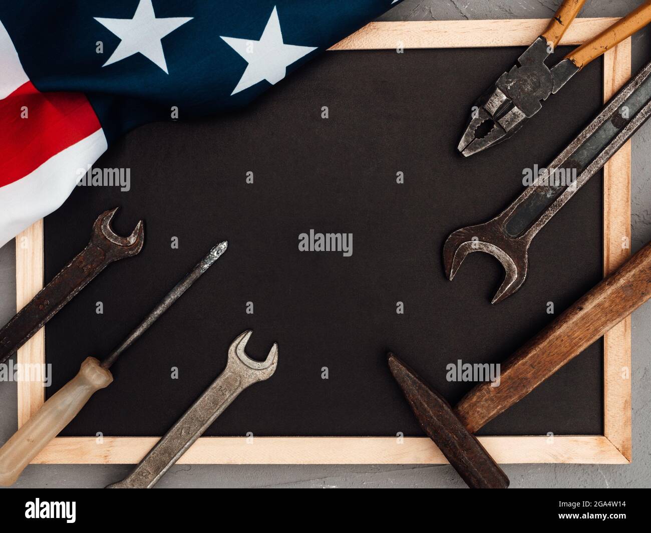 LABOR DAY. Hand tools and the Flag of the United States of America ...