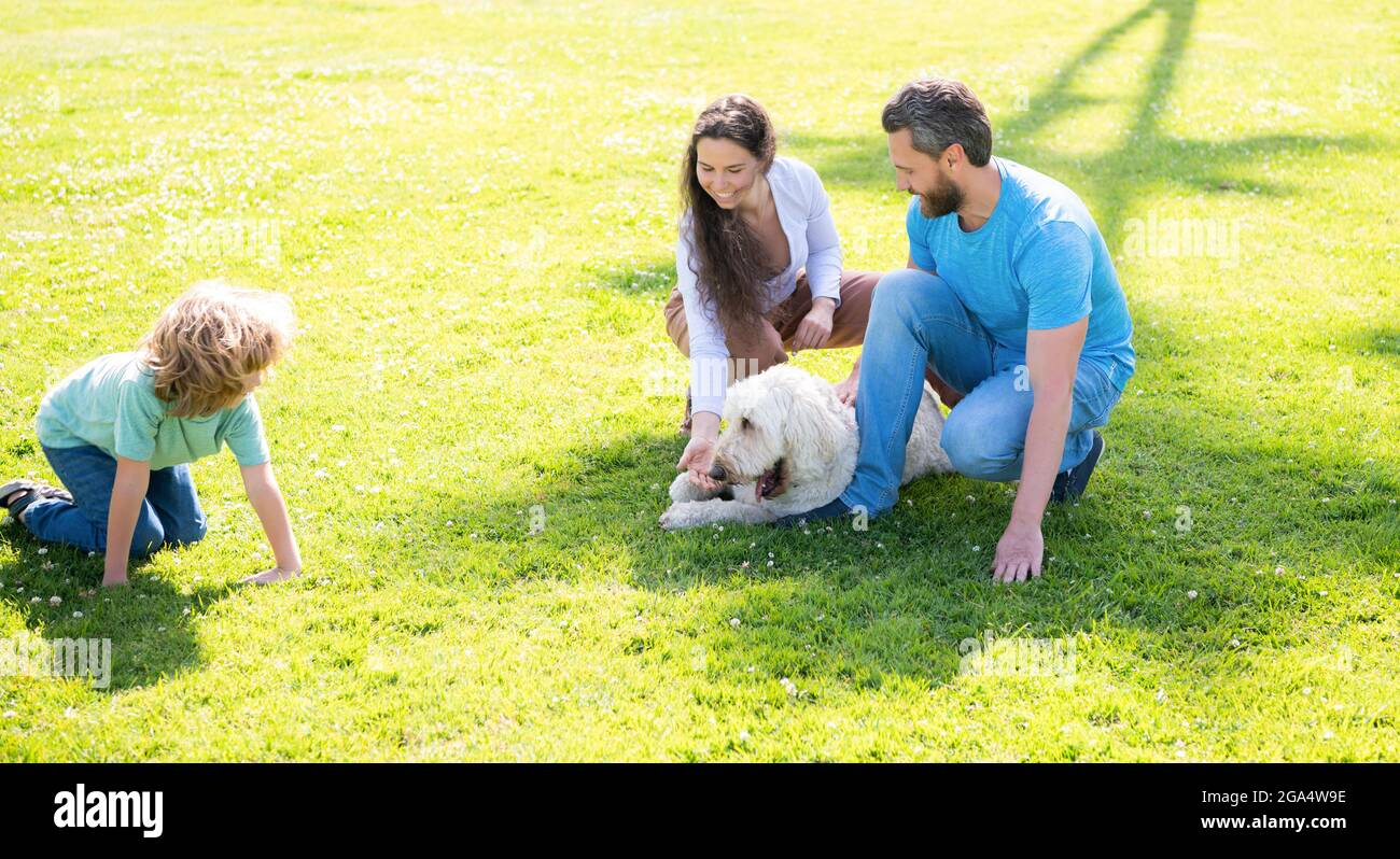 happy family of mom father and kid son playing with pet dog in summer ...