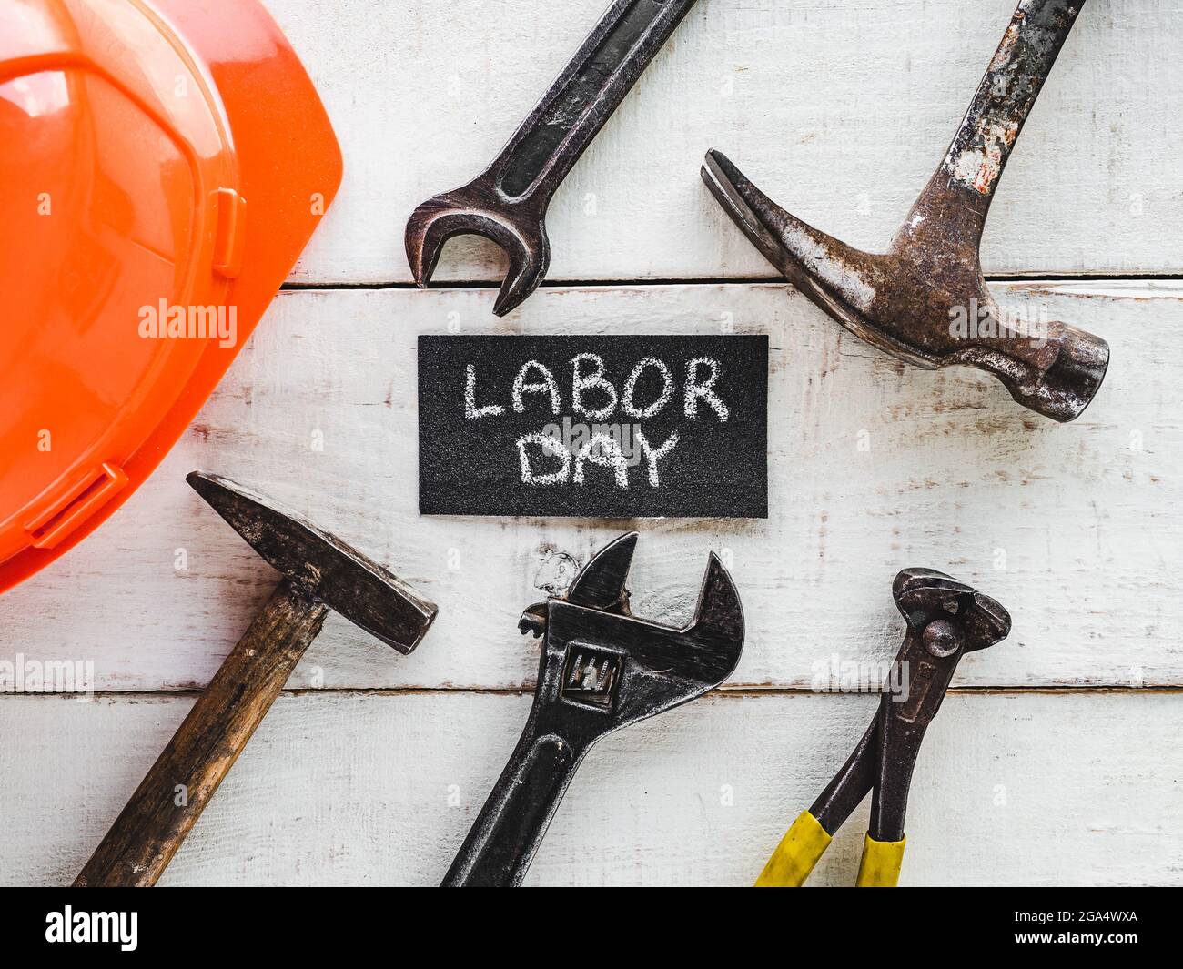 LABOR DAY. Hand tools lying on the table. View from above, close-up ...