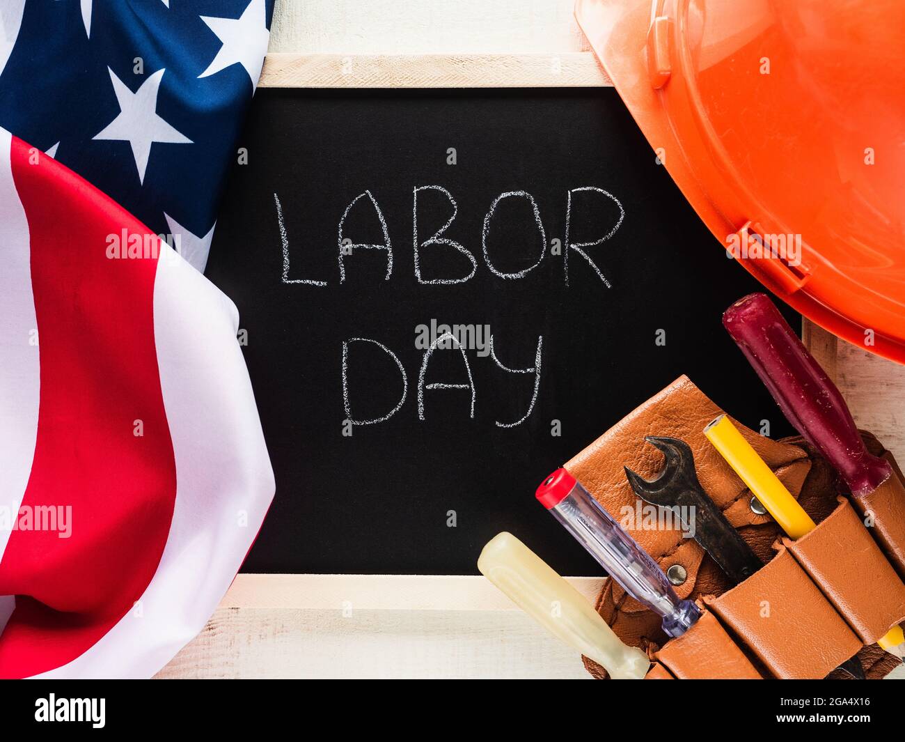 LABOR DAY. Hand tools lying on the table. View from above, close-up ...