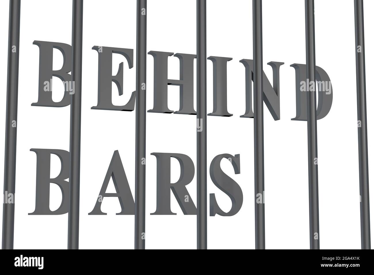 3D illustration of BEHIND BARS script behind prison bars, isolated on ...