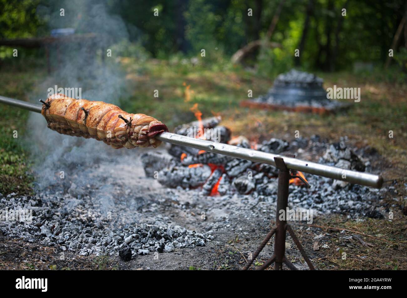Pork meat baked on a spit Stock Photo - Alamy