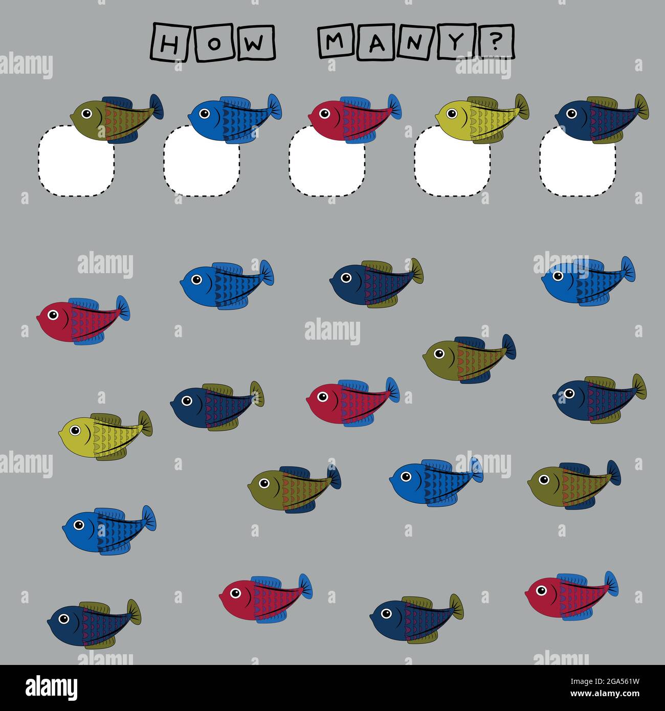 Developing activities for children, count as many colorful cute fishes ...