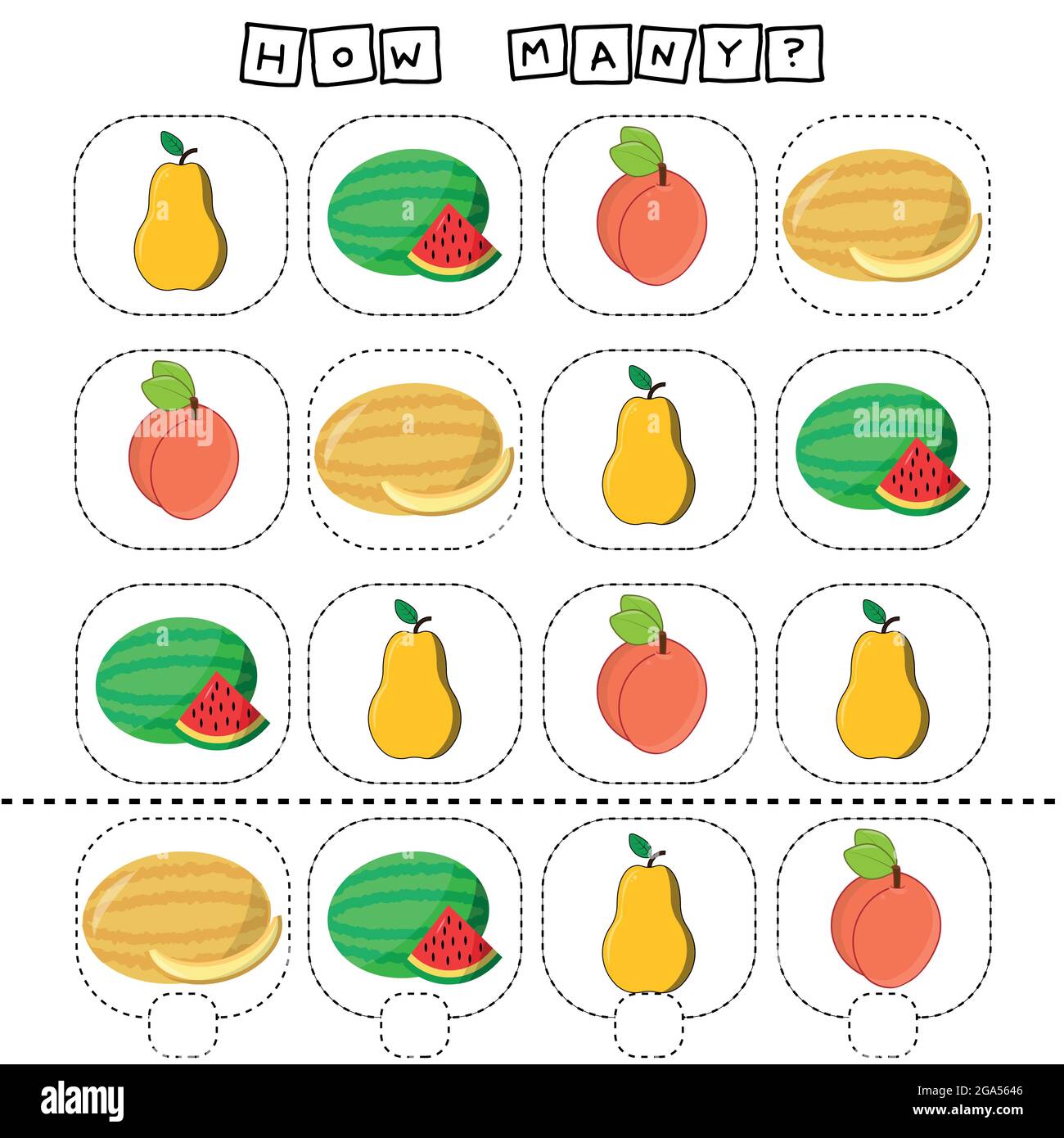 How many counting game with fruites watermelon, melon, pear, peach ...