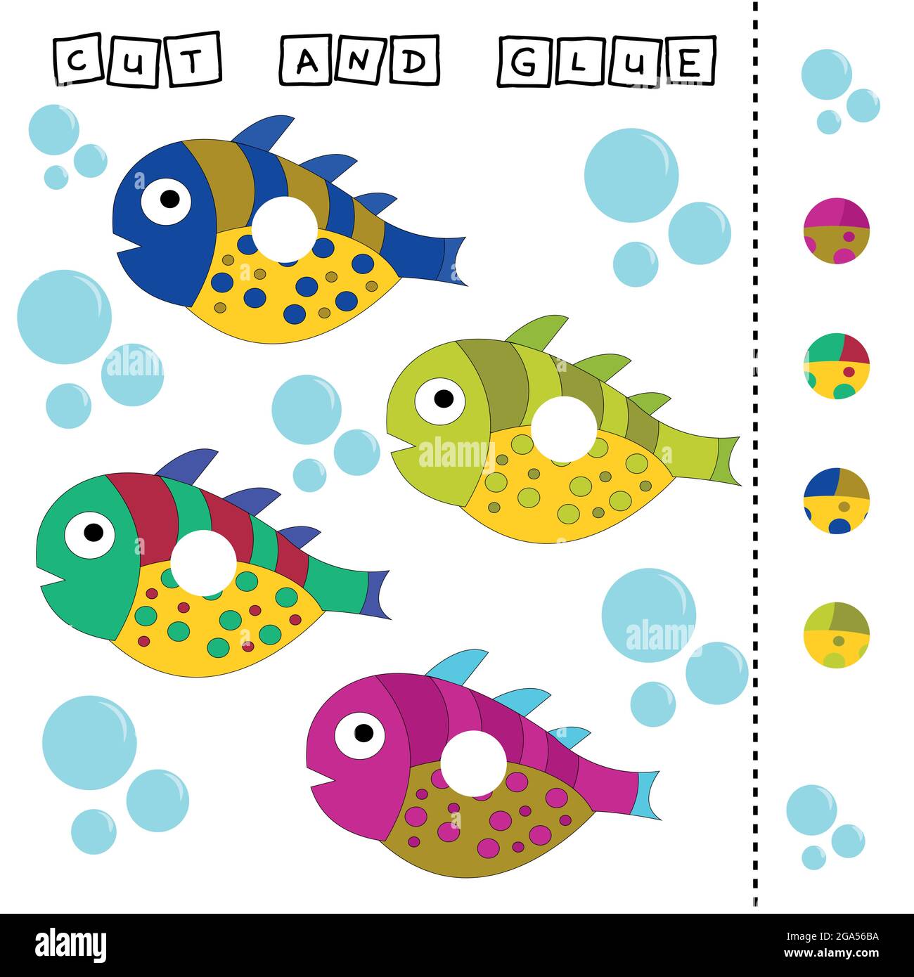 Fishes worksheet vector design, the task is to cut and glue a piece on ...