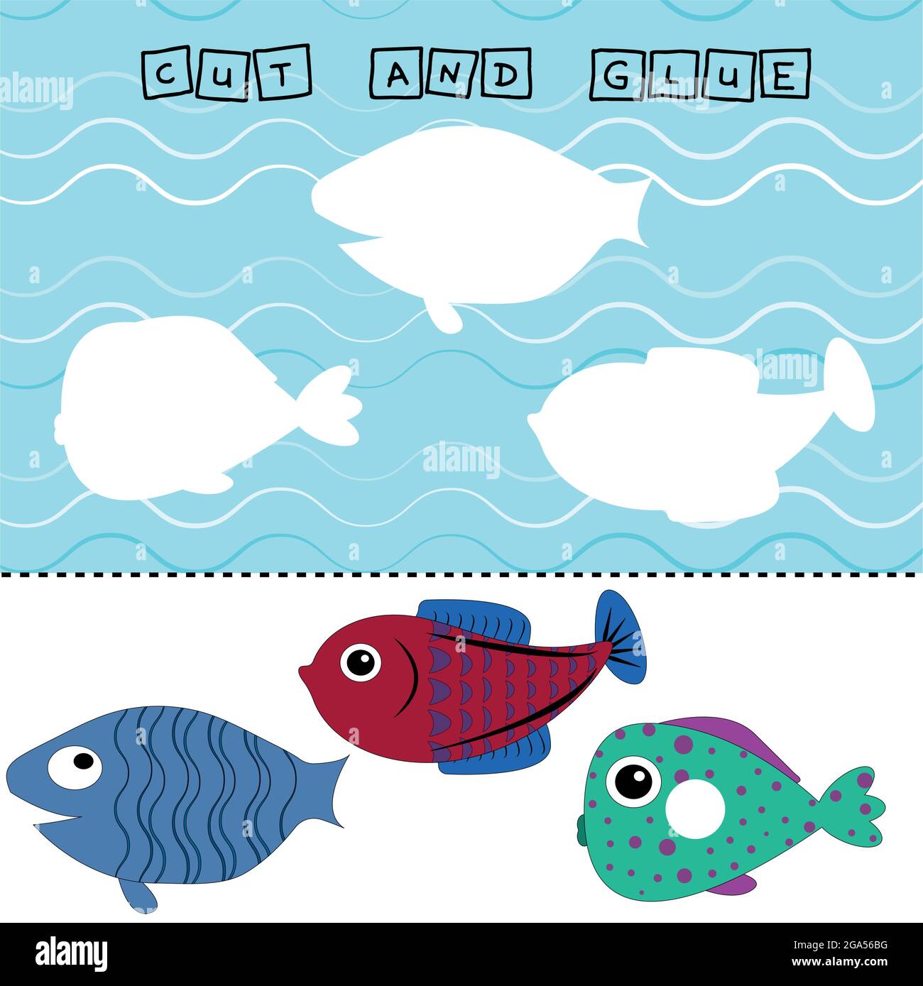 Fishes worksheet vector design, the task is to cut and glue a piece on ...