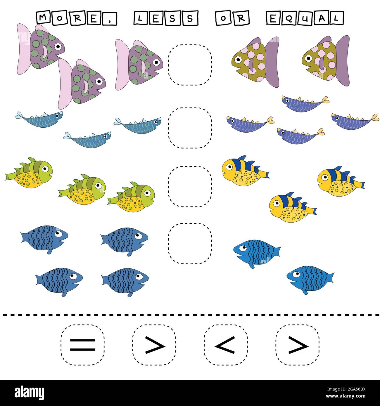 Which is greater, less or equal game with funny fishes. Worksheet for ...