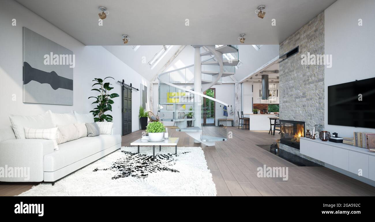 modern house living interior design. 3d concept illustration Stock ...