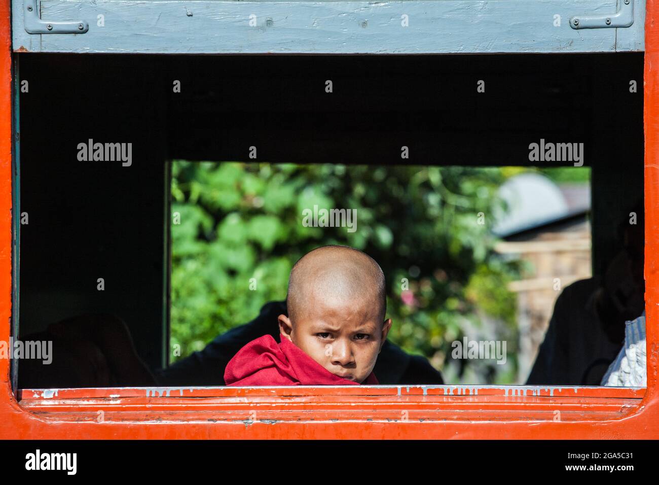 Cute young Burmese Buddhist monk wearing maroon robes stares from train ...