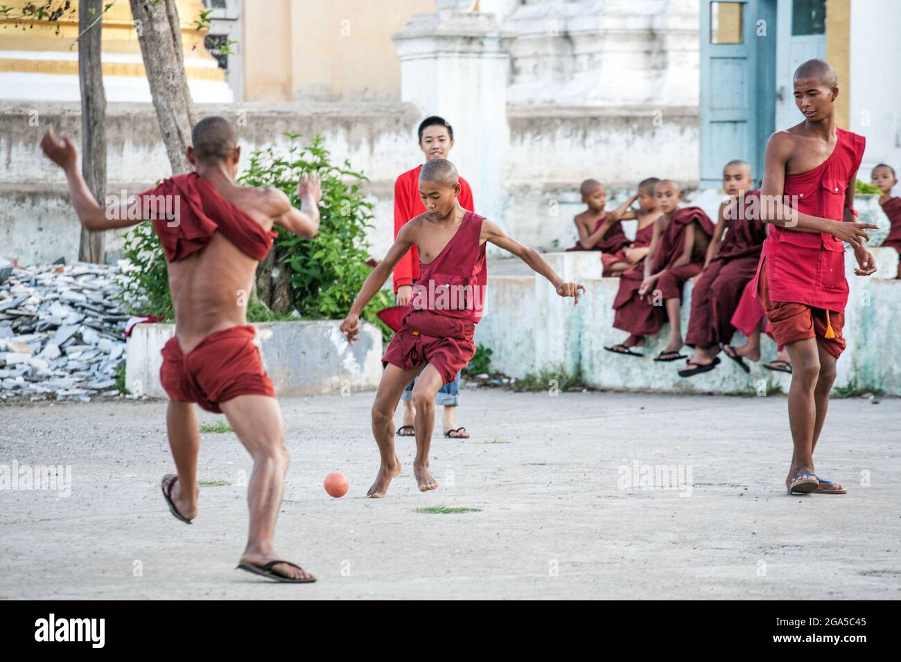 Group of young Burmese monks wearing maroon robes playing football at ...