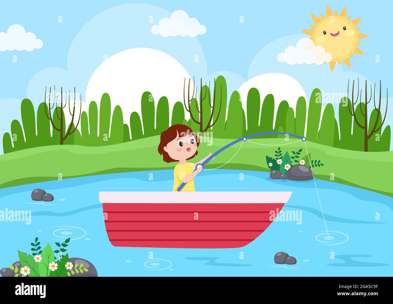 Children Fishing Fish By The River While Enjoying Quality Time At ...