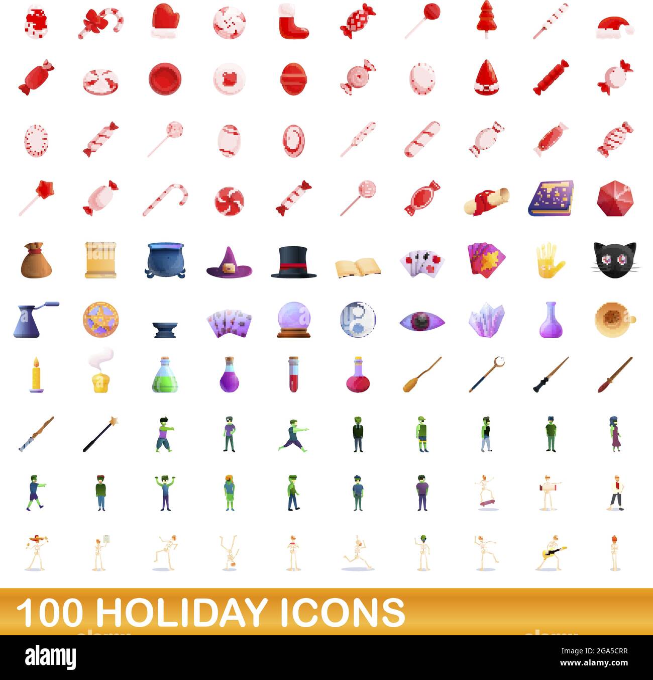 100 holiday icons set. Cartoon illustration of 100 holiday icons vector ...