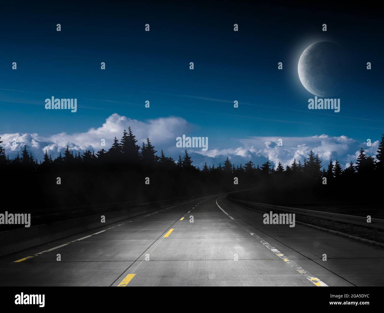 dark night road through forest and sky with moon Stock Photo - Alamy